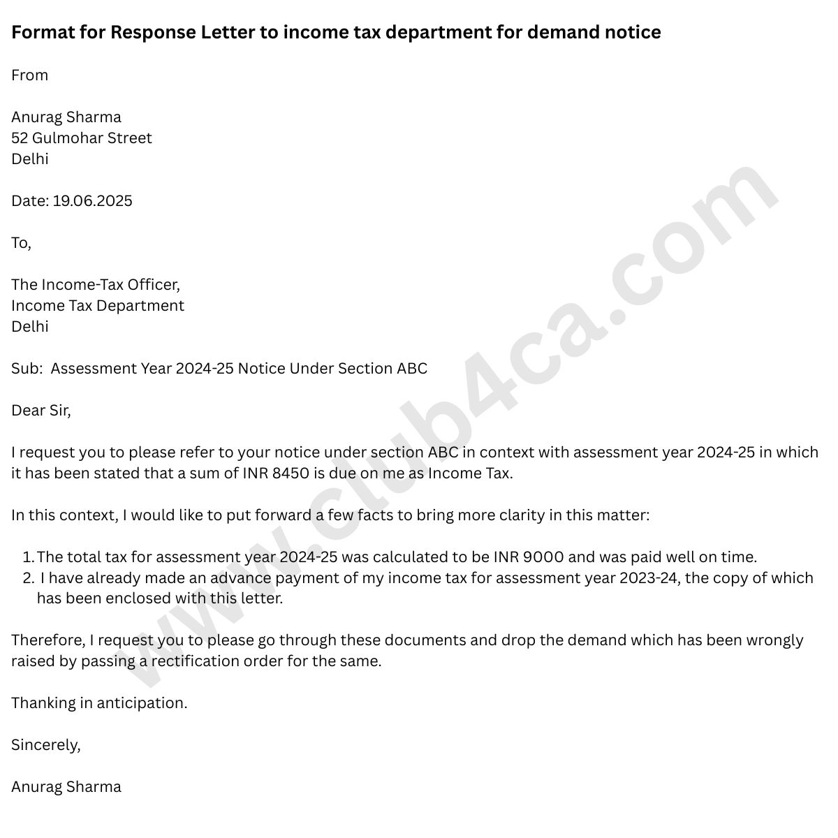 Letter Format to Income Tax Department for Demand Notice